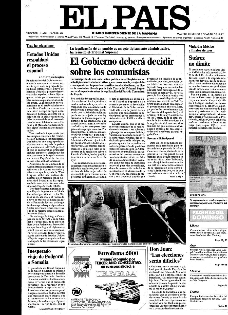 Portada 3 de Abril de 1977 Aniversario EL PAÍS