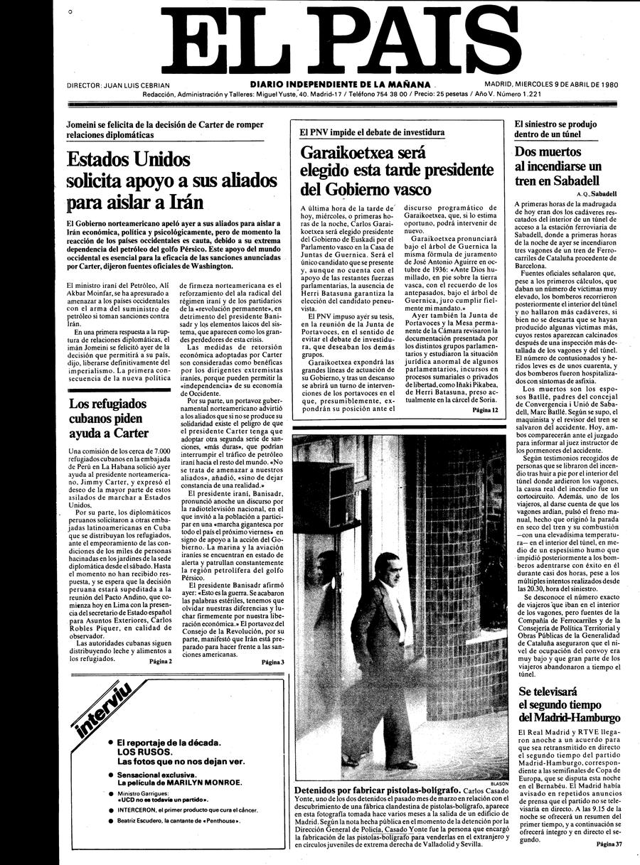 Portada 9 de Abril de 1980 Aniversario EL PAÍS