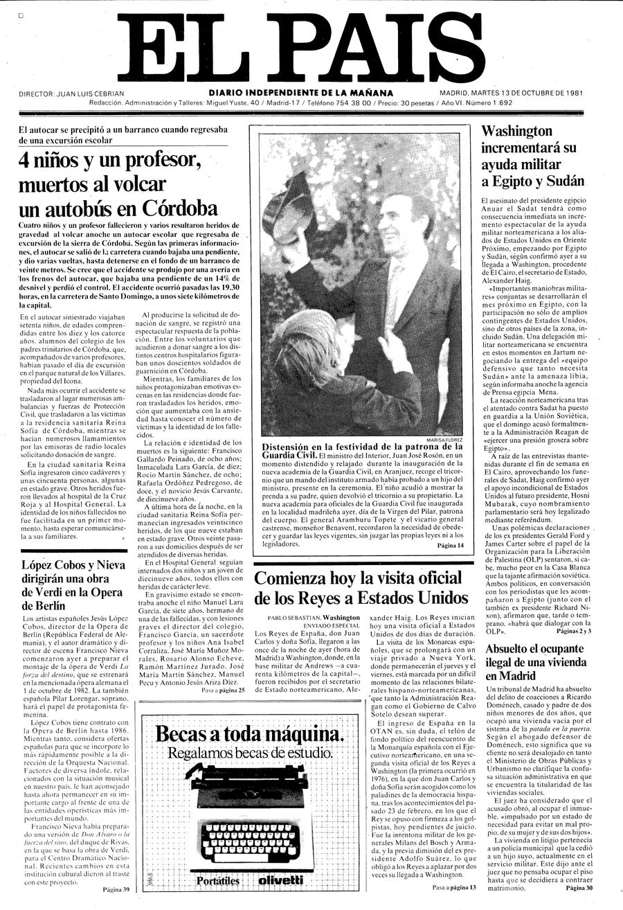 Portada 13 de Octubre de 1981 Aniversario EL PAÍS