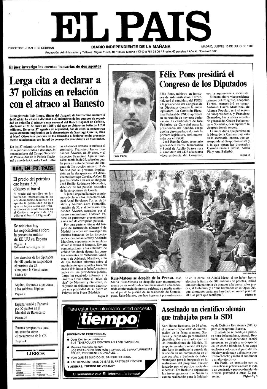 Portada 10 De Julio De 1986 Aniversario EL PA S Portada 10 De Julio De 1986 Aniversario EL PA S