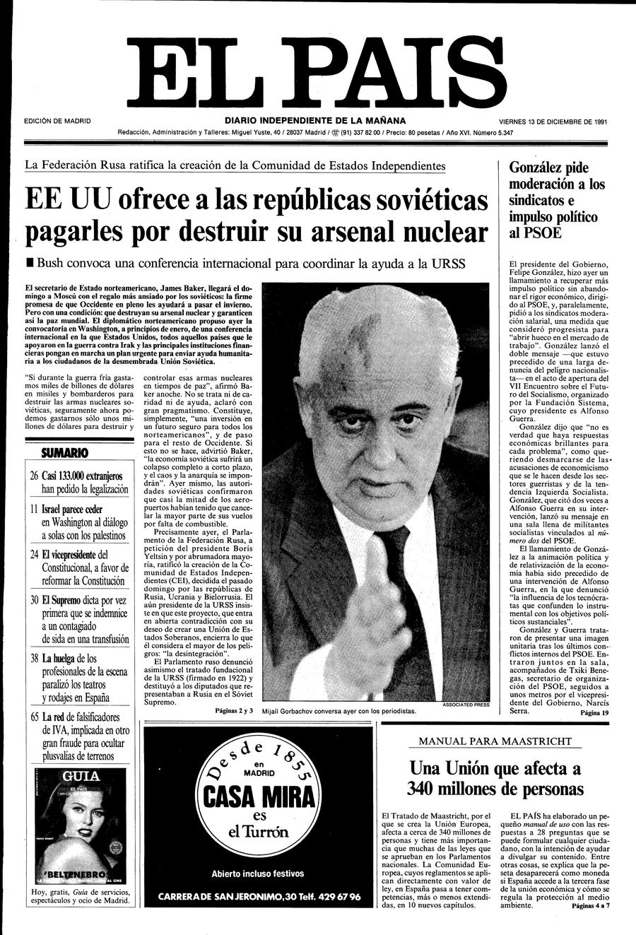 Portada 13 de Diciembre de 1991 Aniversario EL PAÍS