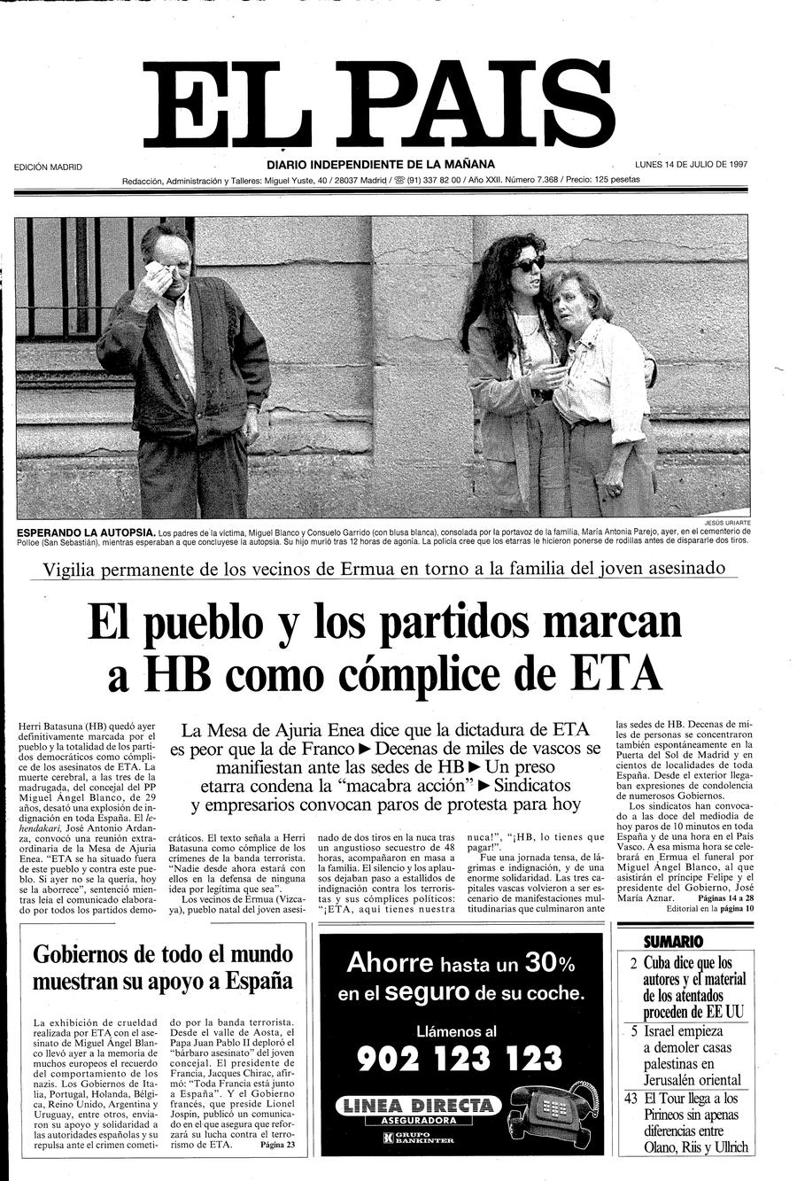 Portada 14 de Julio de 1997 Aniversario EL PAÍS