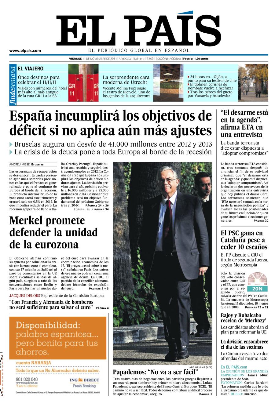 Portada 11 de Noviembre de 2011 - Aniversario EL PAÍS