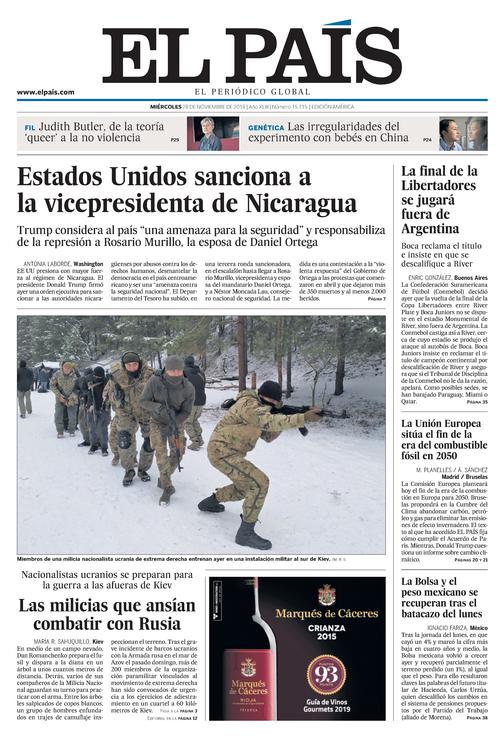 Portada de EL PAÍS Edición América del 28-11-2018