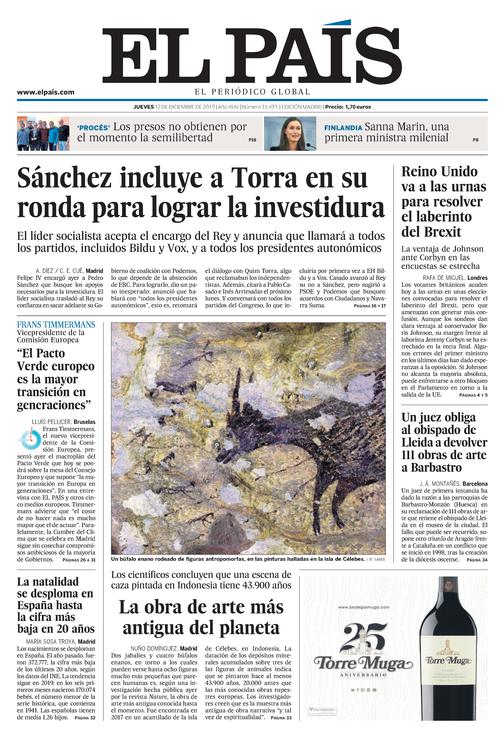 Portada de EL PAÍS del 12-12-2019