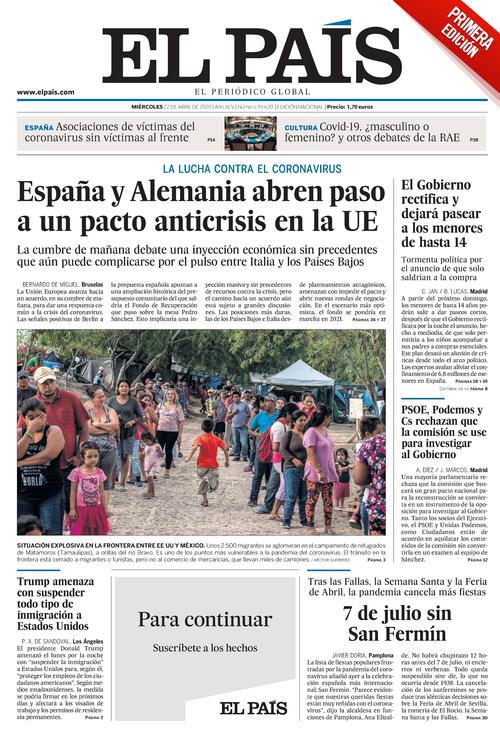Portada de EL PAÍS del 22-04-2020