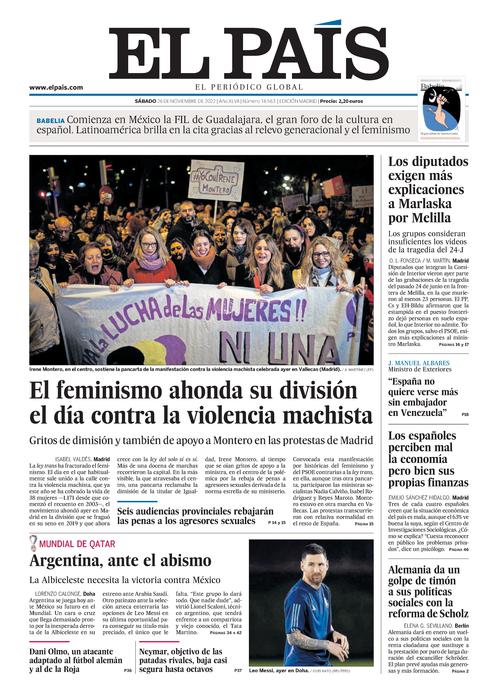 Portada de EL PAÍS del 26-11-2022