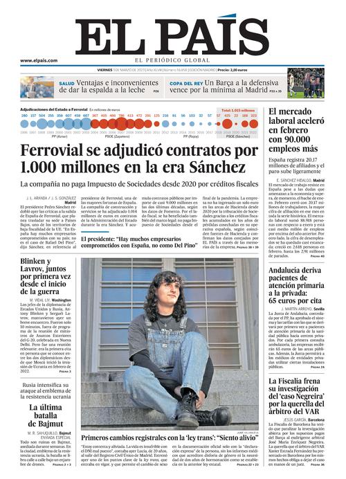 Portada de EL PAÍS del 03-03-2023