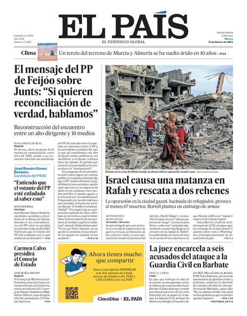 Portada de EL PAÍS del 13-02-2024