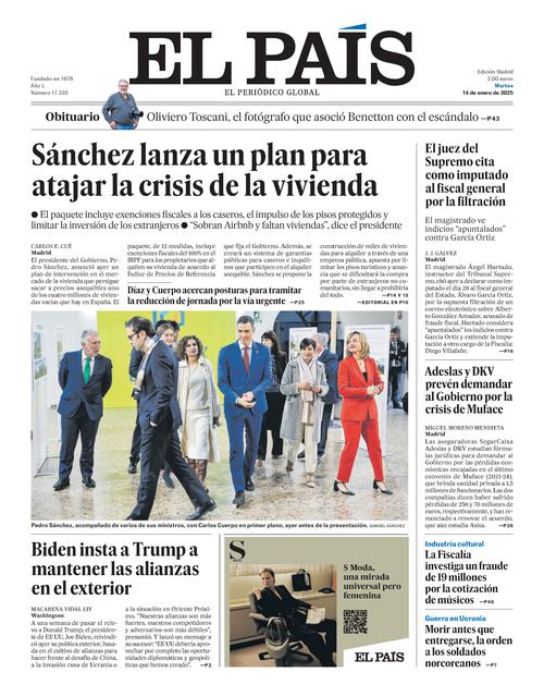 Portada de EL PAÍS del 14-01-2025
