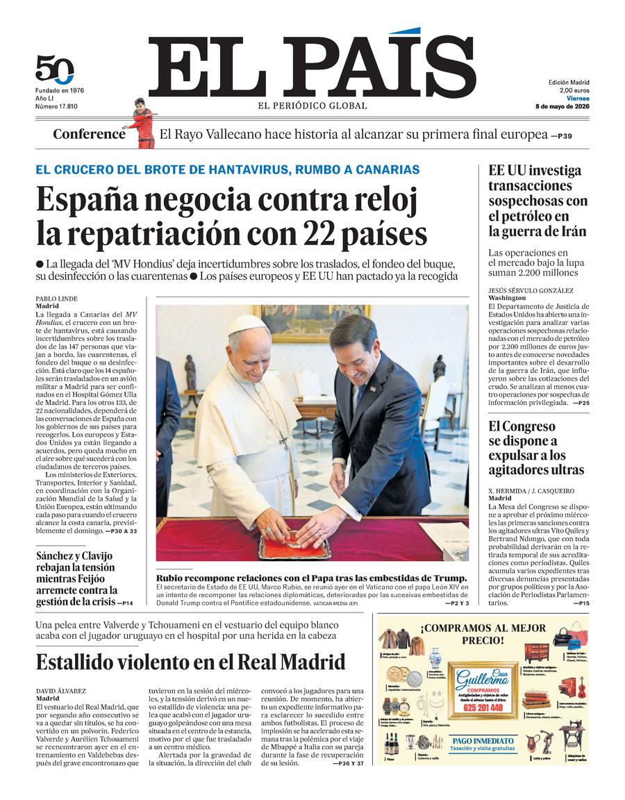 Portada de EL PAÍS del 08-05-2026